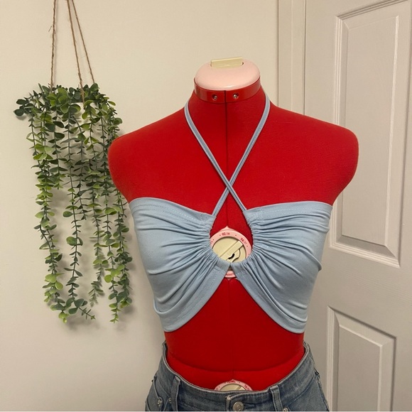 SHEIN | Tops | Shein Blue Crop Cross Cross Halter Top | Poshmark